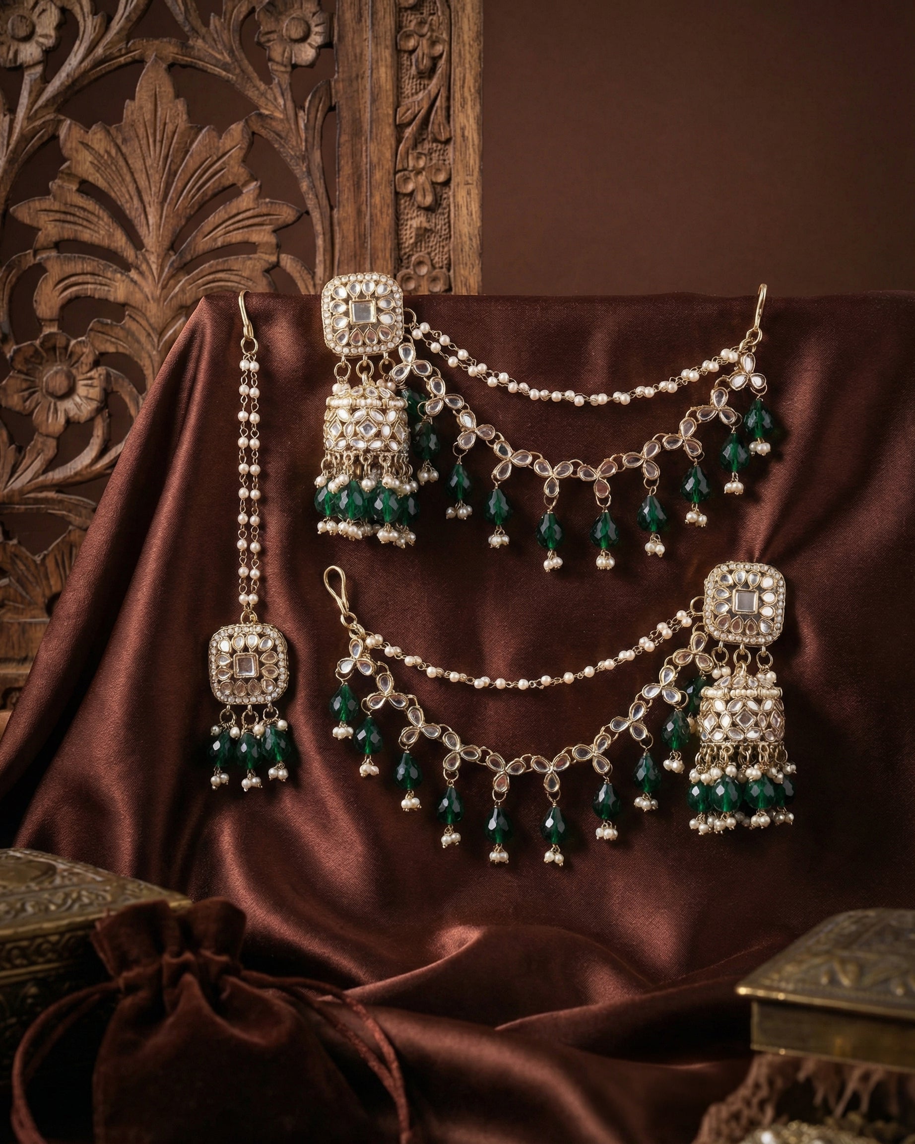 Green Aayat Bahubali Jhumka with Statement Kaan Chain and Teeka – Shona ...